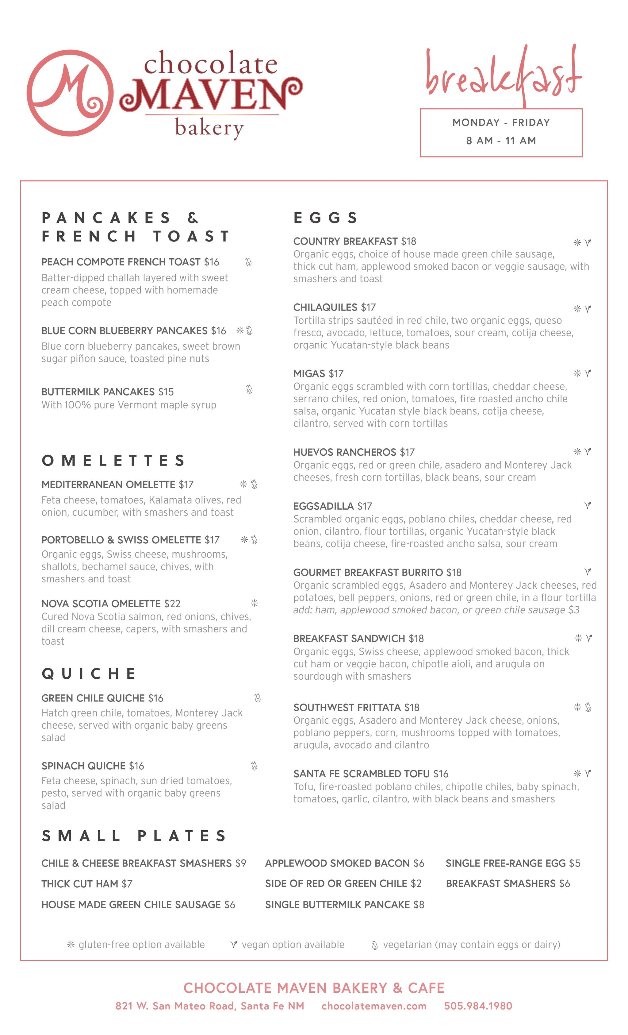 Restaurant Menus – Chocolate Maven Bakery