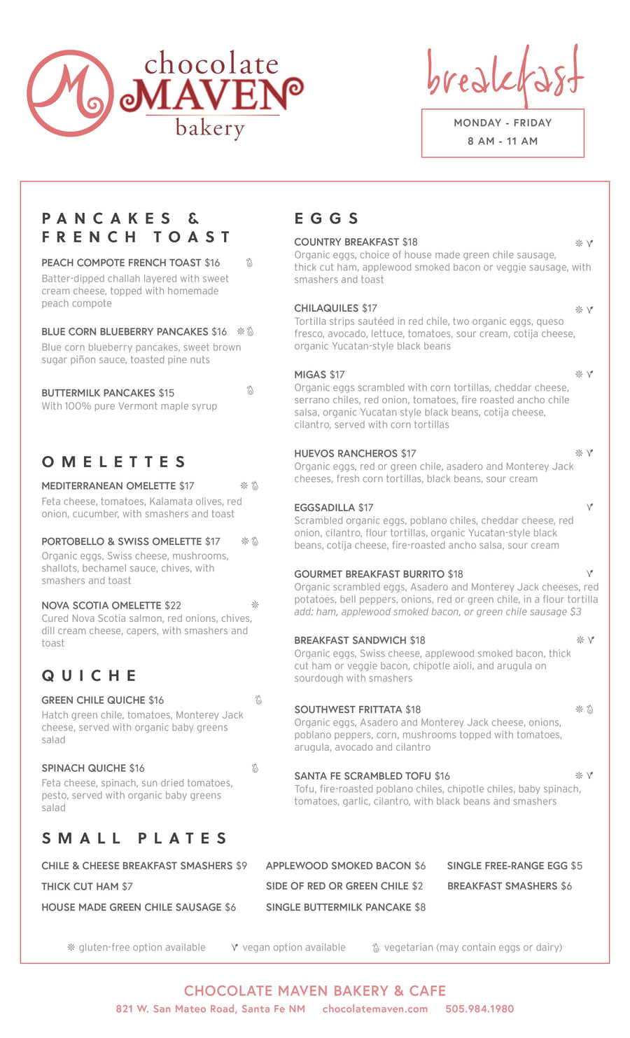 Restaurant Menus – Chocolate Maven Bakery