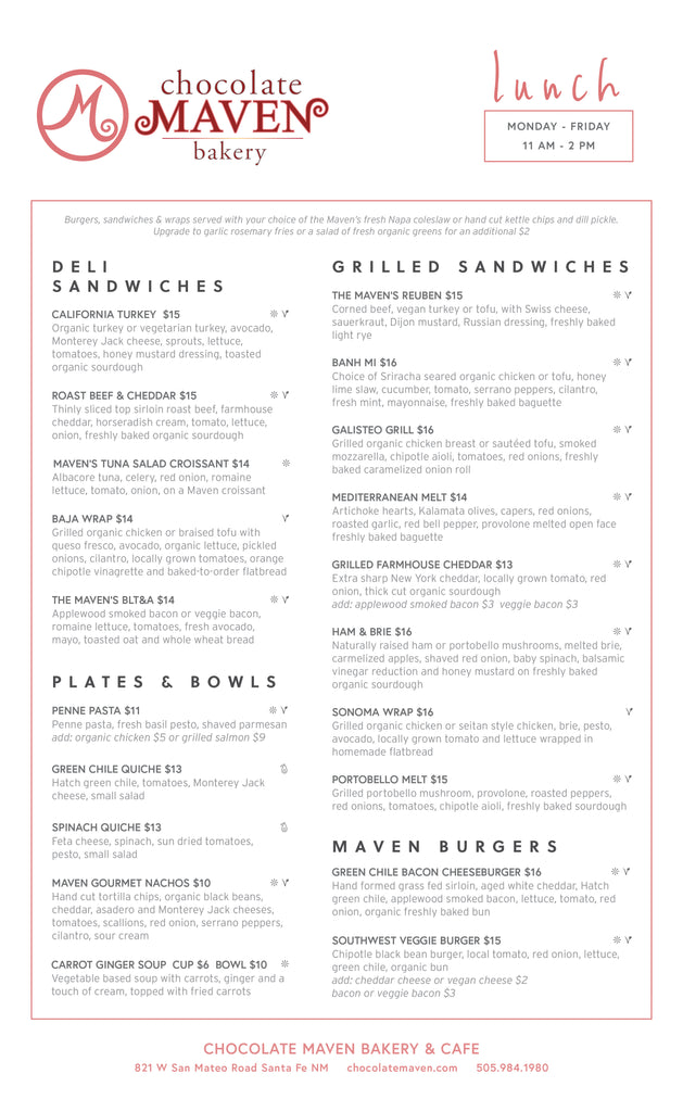 Restaurant Menus – Chocolate Maven Bakery